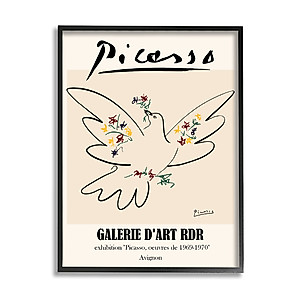 Stupell Industries Classical Abstract Picasso Peace Dove Bird Linework, Designed by ROS Ruseva Black Framed Wall Art, Beige