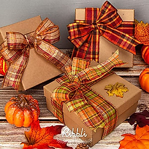 Ribbli Fall Burlap Wired Ribbon with Metallic Edge, 1.5 Inch x 10 Yard,Fall Plaid Ribbon for Big Bow,Fall Wreath,Gift Wrapping, Orange/Burgundy/Green