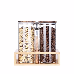 KKC HOME ACCENTS Airtight Glass Coffee Sugar Storage Containers with Wooden Lids and Scoops,Air Tight Sealed Glass Canisters with Spoons for Coffee,Loose Tea,Flour,Sugar,Grains,Oatmeal,47 Fl oz