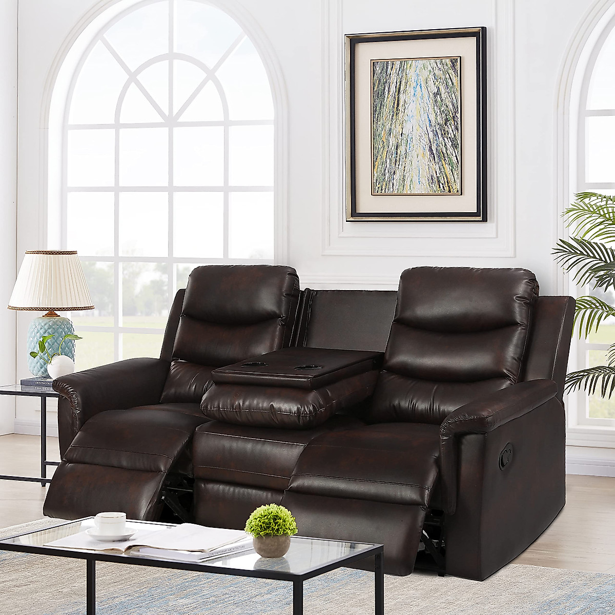 Verfur Double Recliner RV Sofa with Console |Faux Leather Motion Couch with 2 Cup Holders, 3-Seater Loveseat Couches with Flipped Middle Backrest, Home Theater Seating Living Room Furniture Sets