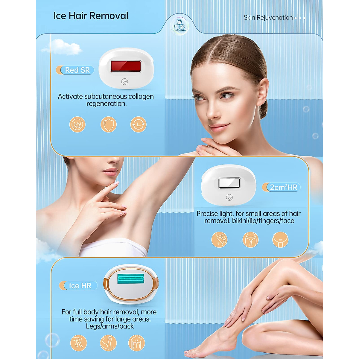 IPL Hair Removal for Women and Men, Permanent Laser Hair Removal with 2 Intelligent Attachments for SR HR, Ice Cooling Painless Hair Removal At Home, 999900 Flashes, Safe for Whole Body