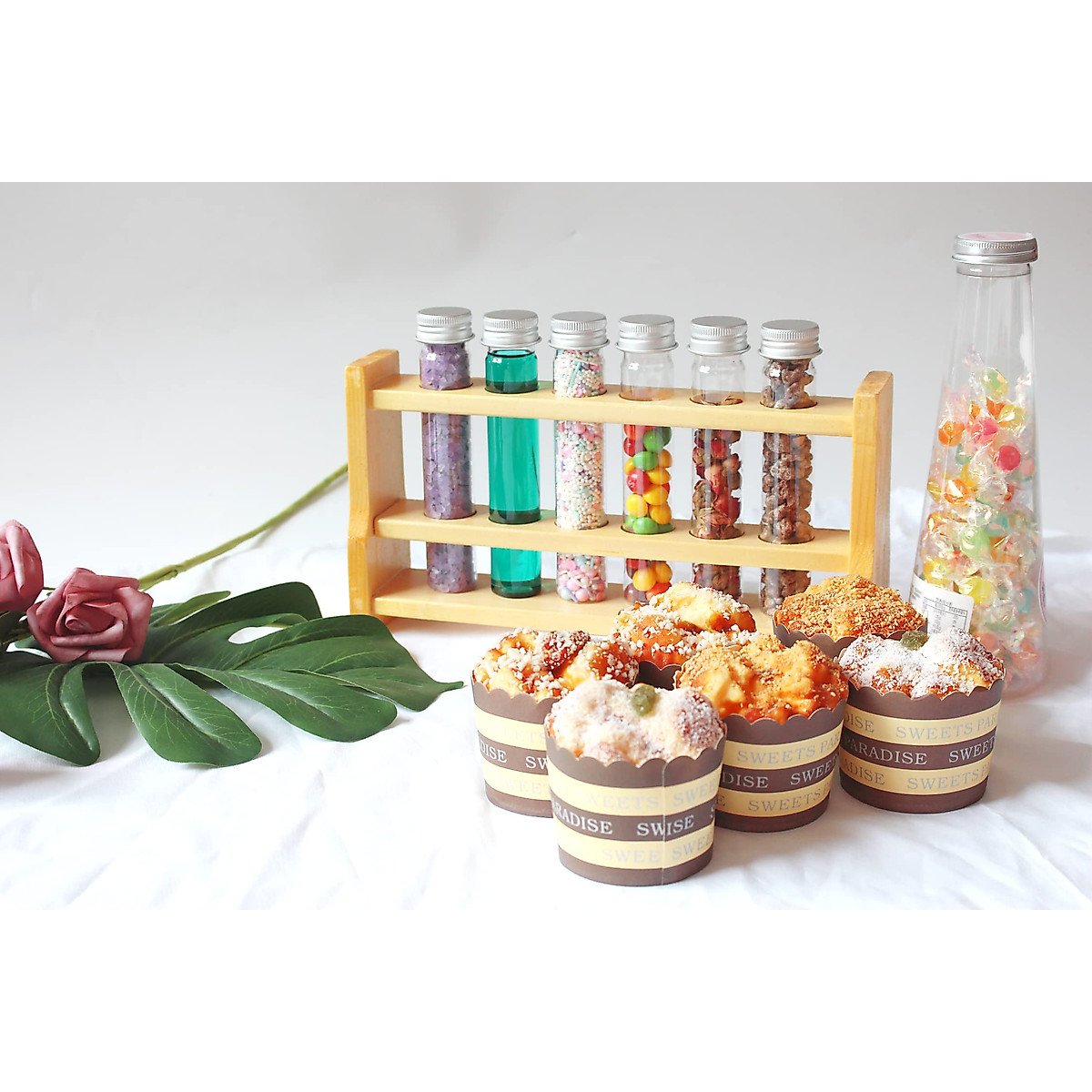 Muhome 30 Pack 65ml Clear Plastic Test Tubes with Screw Caps Flat Bottom, 27×149mm Tubes for Gumball Candy and Beads Storage, Scientific Experiments, Bath Salt DIY Christmas Party Favors