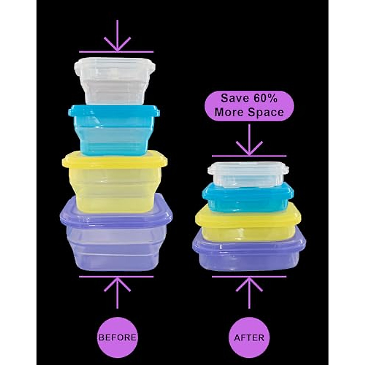DGitaor Collapsible Silicone Food Storage Containers with BPA-Free Airtight Lids, Microwave, Dishwasher, and Freezer Safe, Stackable Foldable 4 Packs