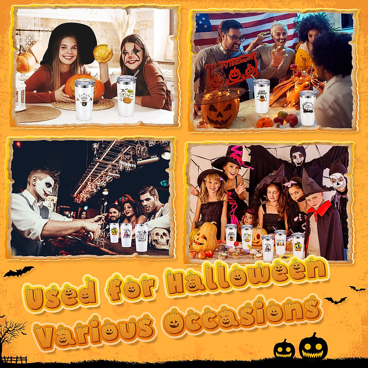 Singhoow 8 Pcs Halloween Tumbler with Lid and Straw 12 oz Halloween Coffee Mugs Stainless Steel Insulated Pumpkin Ghost Bat Boo Witch Halloween Wine Cup Bulk for Halloween Party Travel Men Women Gift