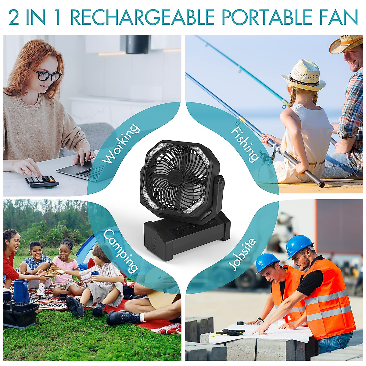 KITWLEMEN 20000mAh Camping Fan with LED Light, Auto-Oscillating Desk Fan with Remote & Hanging Hook, Rechargeable Battery Operated Tent Fan, 4 Timers USB Fan for Camping Jobsite Hurricane Emergency