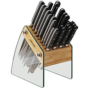 23 Slot Clear Knife Block Without Knives,Kitchen Knife Holder Organizer Stand Durable Bamboo Knife Dock Rack with Transparent Tempered Glass.