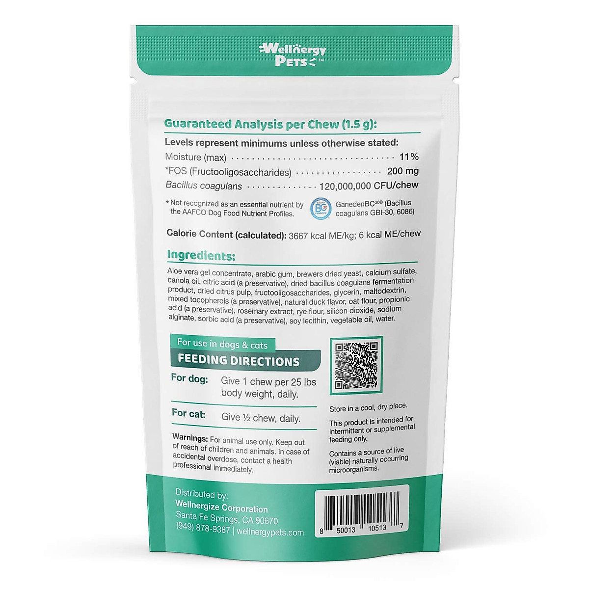 Wellnergy Daily Probiotic & Prebiotics Soft Chew for Dogs & Cats - Digestive Support for Diarrhea, Constipation, Upset Stomach, Indigestion & Gas - Helps Digestion, Allergy Skin & Immune Health 60ct