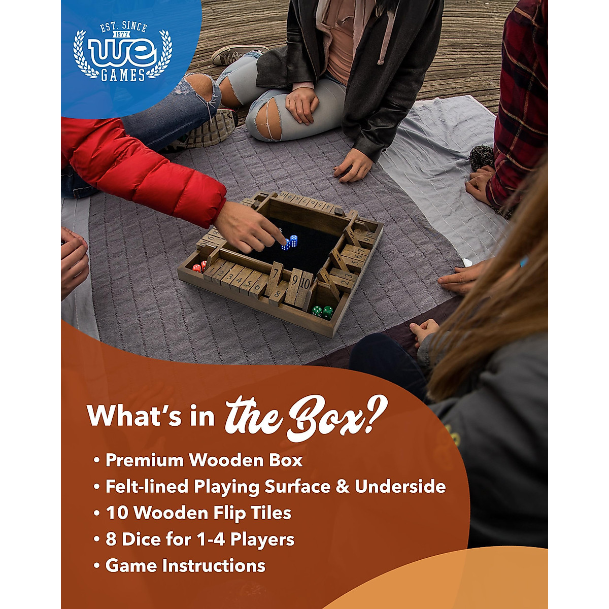 WE Games 14 inch 1-4 Player Shut The Box Wooden Board Game, Walnut Stain