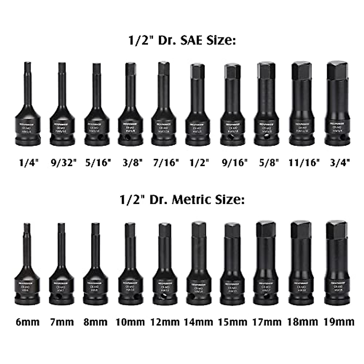 MIXPOWER 1/2" Drive Master Impact Hex Bit Set, Hex Driver, 20-Piece 1/2" Drive Allen Bit Socket Set, SAE/Metric, 1/4" - 3/4", 6-19mm, Cr-Mo Steel, Impact Grade