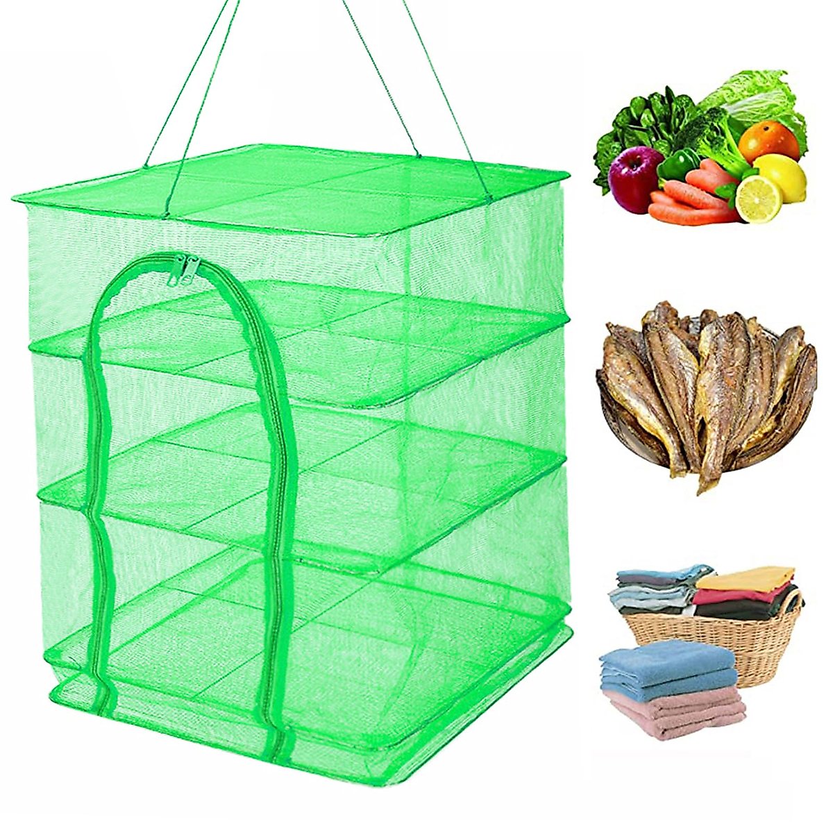 WEISGJA Hanging Drying Rack 4 Layers Foldable Nylon Netting, Folding Fish Mesh, Drying Fish Net for Shrimp Fish Fruit Vegetables Herb, with Zipper Opening, Green (22.4X15.7X25.5 in/Large)