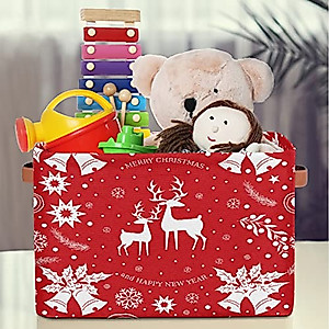 Cute Christmas Decor Storage Basket Bins Cubes Organizer Xmas Red and White Deer Foldable Storage Box with Leather Handles Collapsible Closet Storage Bins for Shelves Kids Toys Closets Nursery Bedroom