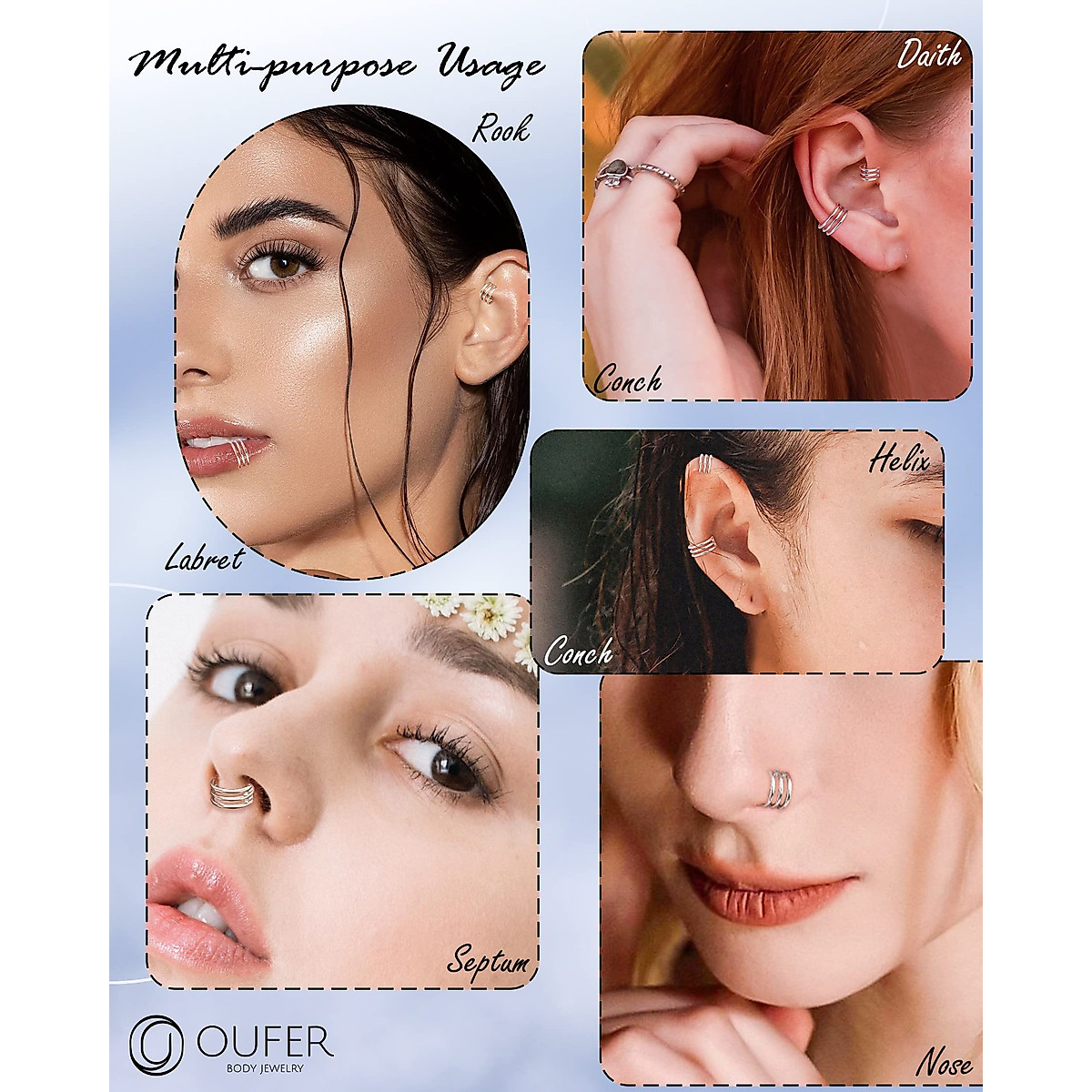 OUFER 16G Conch Piercing Jewelry, 316L Stainless Steel Conch Earrings, Three Row Nose Rings Hoops, Helix Cartilage Daith Rook Earrings for Women and Men-12MM