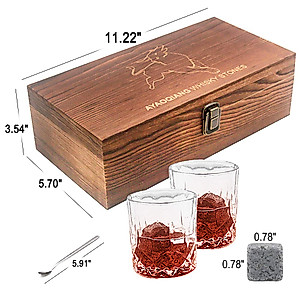 Whiskey Stones Glass Gift Set,16 Granite Whiskey Rocks,2 Crystal Whiskey Glasses & Velvet Bag Granite Chilling Rocks in Premium Wooden Box,Best Drinking Gifts for Men Dad Husband Birthday Party