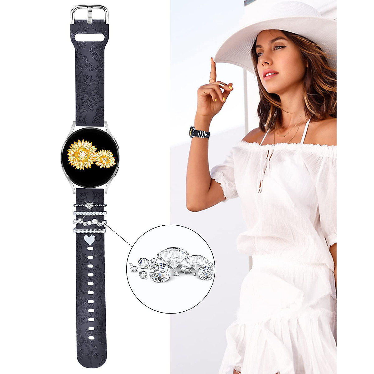 Galaxy Watch Band Charms (20mm Band Included) Compatible with Samsung Galaxy Watch 4 40mm 44mm, Bling Watch Band Charm Decorative Ring Loops with Engraved Sunflower Silicone Band, Black