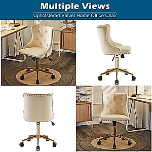 VINGLI Beige Velvet Armless Home Office Desk Chair with Gold Base/Wheels, Small Cute Vanity/Makeup Chair with Back for Bedroom, Upholstered Adjustable Rolling Swivel Nail Chair for Women/Girls