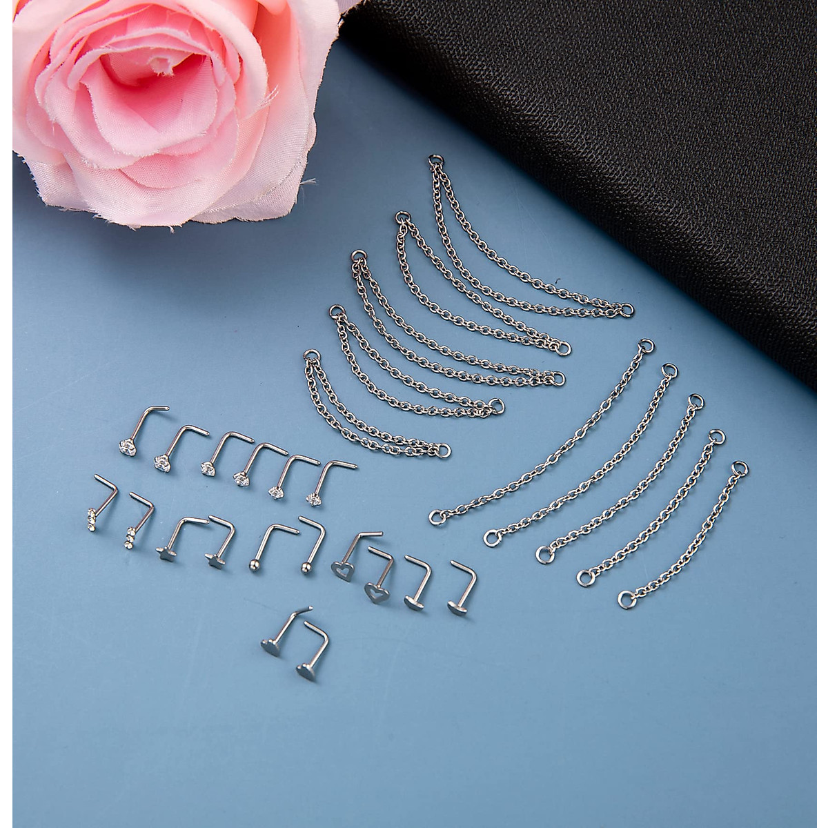 Masedy 20G Stainless Steel Nose Ring Stud Nose Ring Chain Piercing Across Double Nose Stud Heart Ball CZ Nose Studs Nostril Piercing Jewelry SL