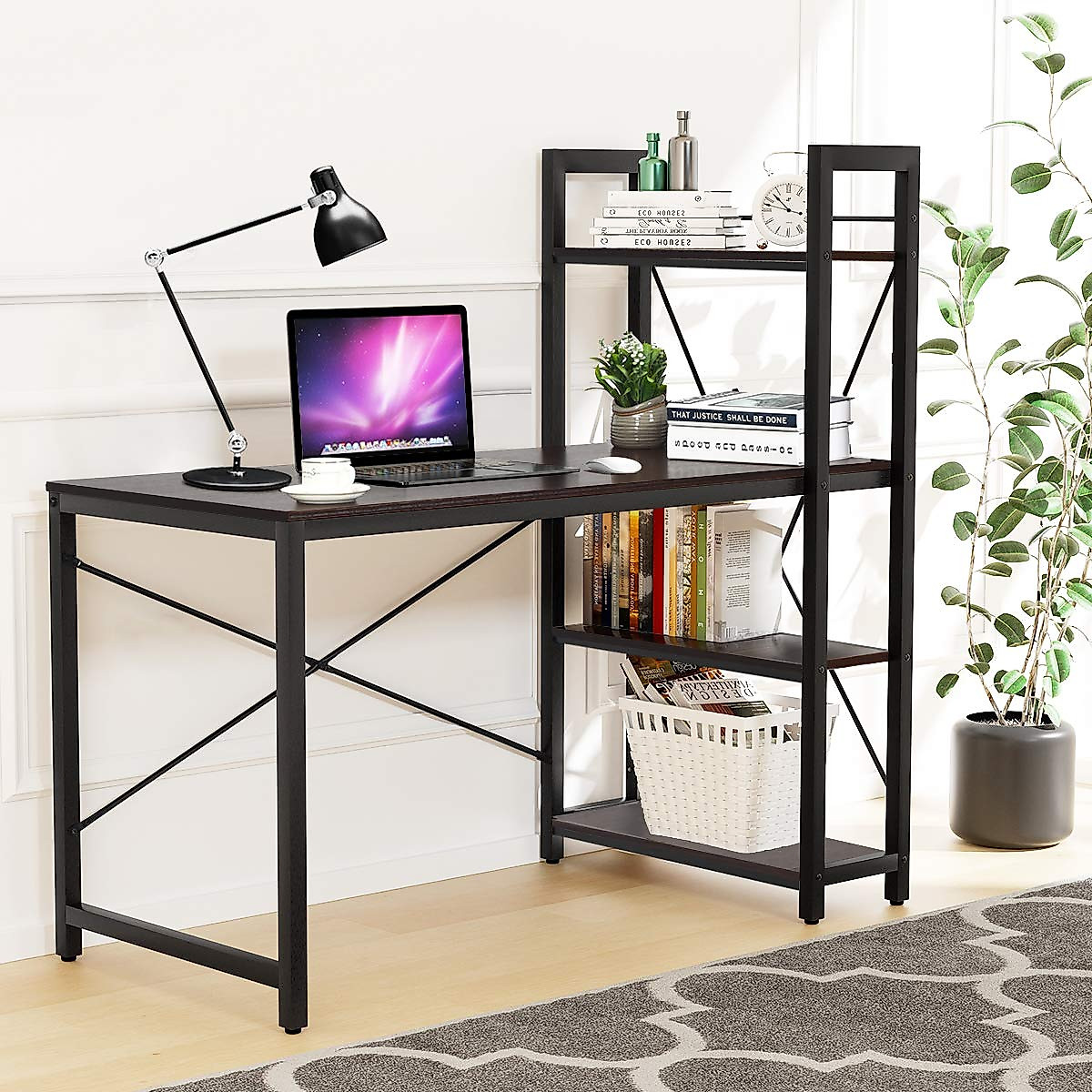 Tangkula Computer Desk with 4 Tier Shelves, Study Writing Table with Storage Bookshelves, Modern Compact Home Office Workstation, 47.5" Tower Desk with Steel Frame & Adjustable Feet Pad, Walnut