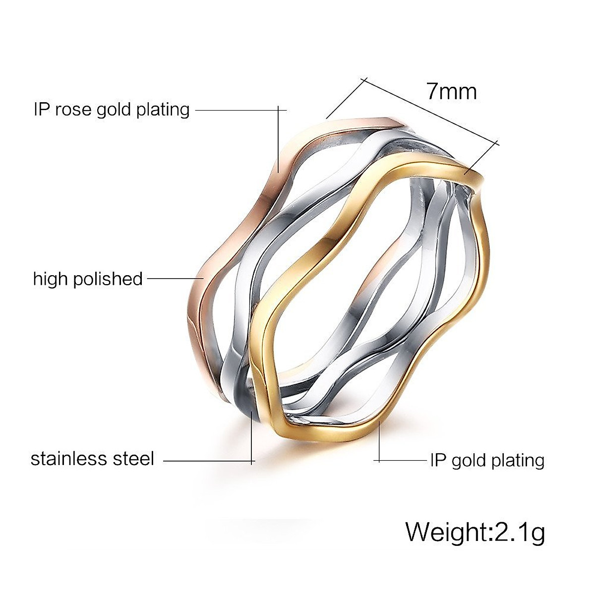 VNOX Womens Girls Stainless Steel Tri-color Wave Band Ring for Wedding Promise Engagement,Size 9