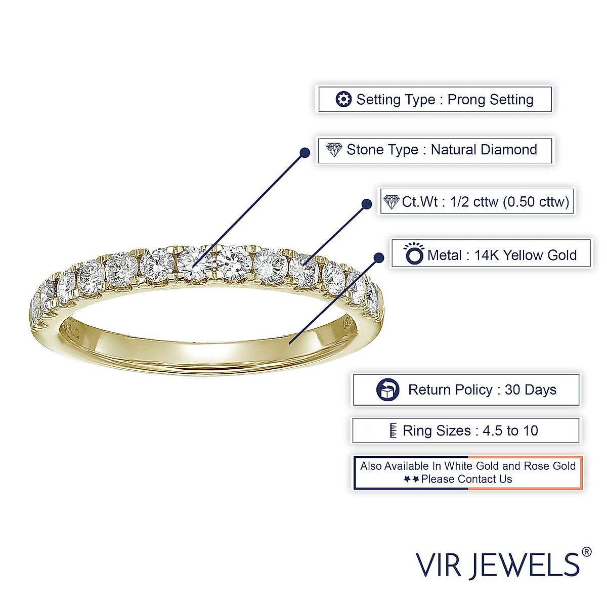 Vir Jewels 1/2 carat (ctw) Diamond Wedding Anniversary Band for Women, Half Eternity Round Diamond Engagement Ring 14K Yellow Gold Prong Pave Set 0.50 cttw, Size 6