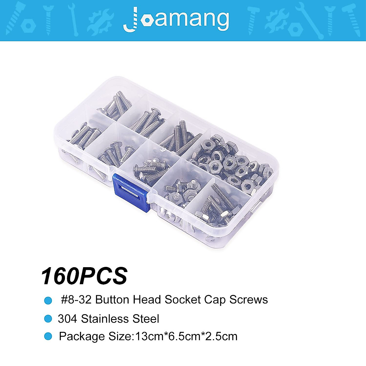 160PCS #8-32 UNC Stainless Steel Button Head Socket Cap Screws Bolts, Nuts Assortment Kit, Includes 8 Most Common Sizes (#8-32×3/4", 7/8", 1", 5/8", 1/2", 3/8", 5/16", 1/4")