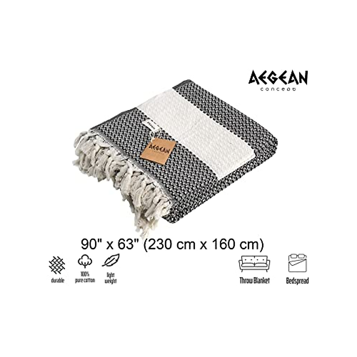 Aegean Concept - 100% Organic Cotton Turkish Throw Blanket ; 90" x 63" (230 cm x 160 cm) Twin Size Modern Boho Rustic Bedspread for Chair, Bed or Couch | Indoor or Outdoor Cozy Hand Woven-Black