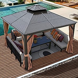 NOBLEMOOD 12' x 12' Outdoor Aluminum Hardtop Gazebo - Patio Double Roof Galvanized Permanent Metal Gazebos with Curtain and Netting for Backyard Deck Garden(Brown)