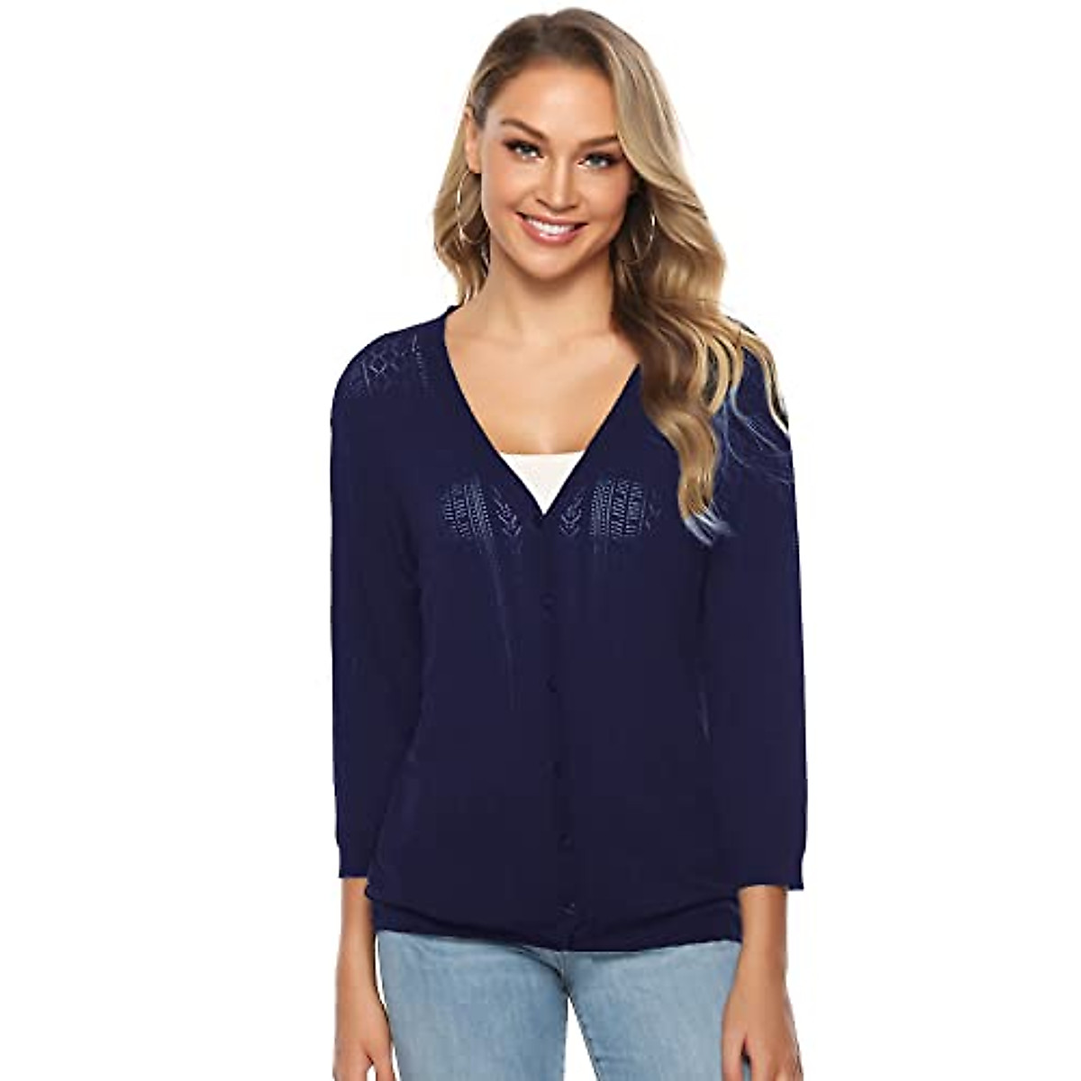 iClosam Summer Cardigans for Women Lightweight Work V Neck Knitted Cardigan 3/4 Sleeve Shrug Sweater Navy Blue