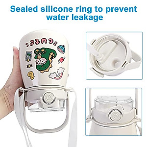 VAlinks Big Belly Stainless Steel Water Bottle with Shoulder Strap, Handle & Cute Stickers, 32oz/900ml Cute Insulated Water Bottle with Straw, Leak Proof Flip-Top Lid Vacuum Bottle, White