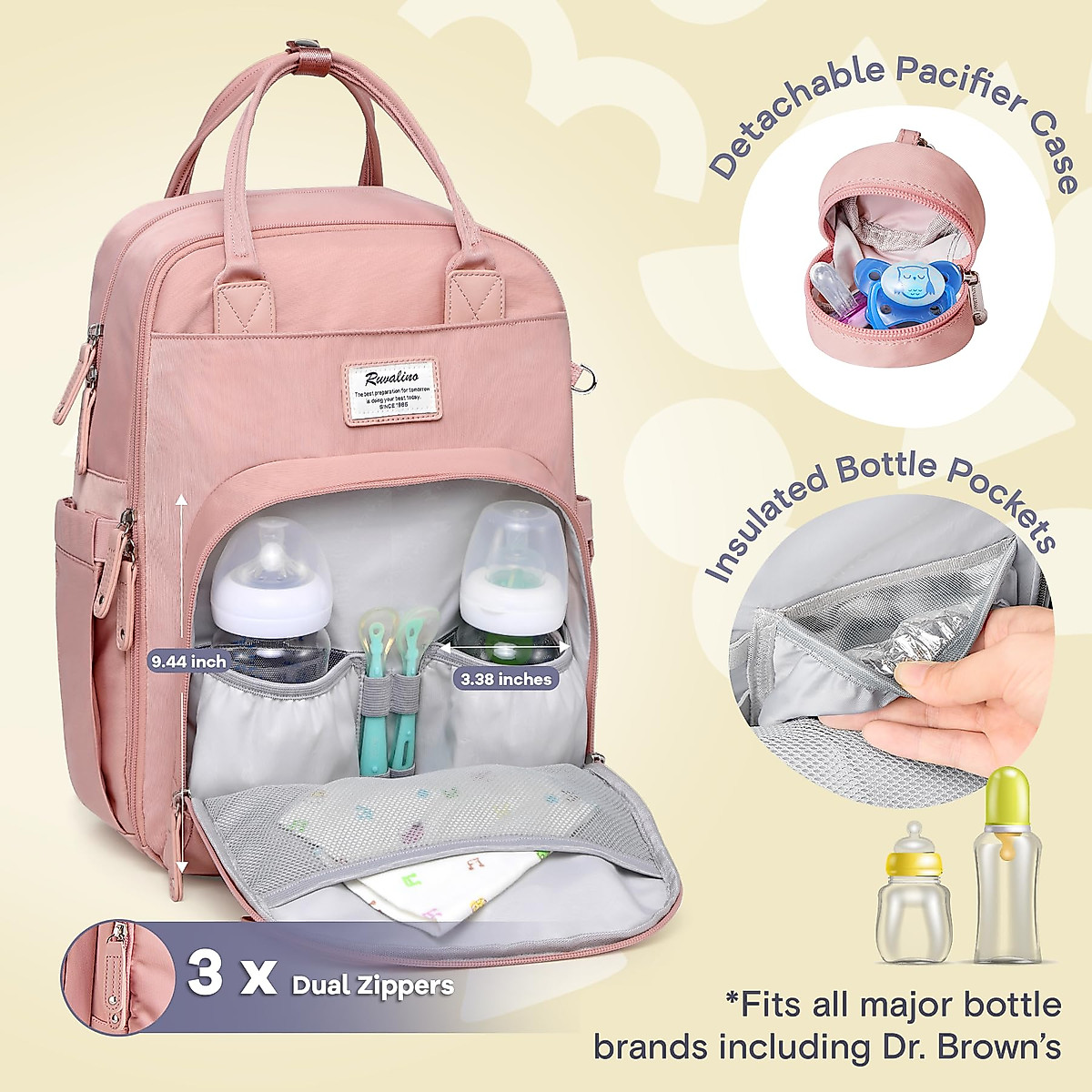 RUVALINO Diaper Bag Backpack, Multifunction Travel Pack Maternity Baby Changing Bags, Large Capacity, Waterproof, Pink