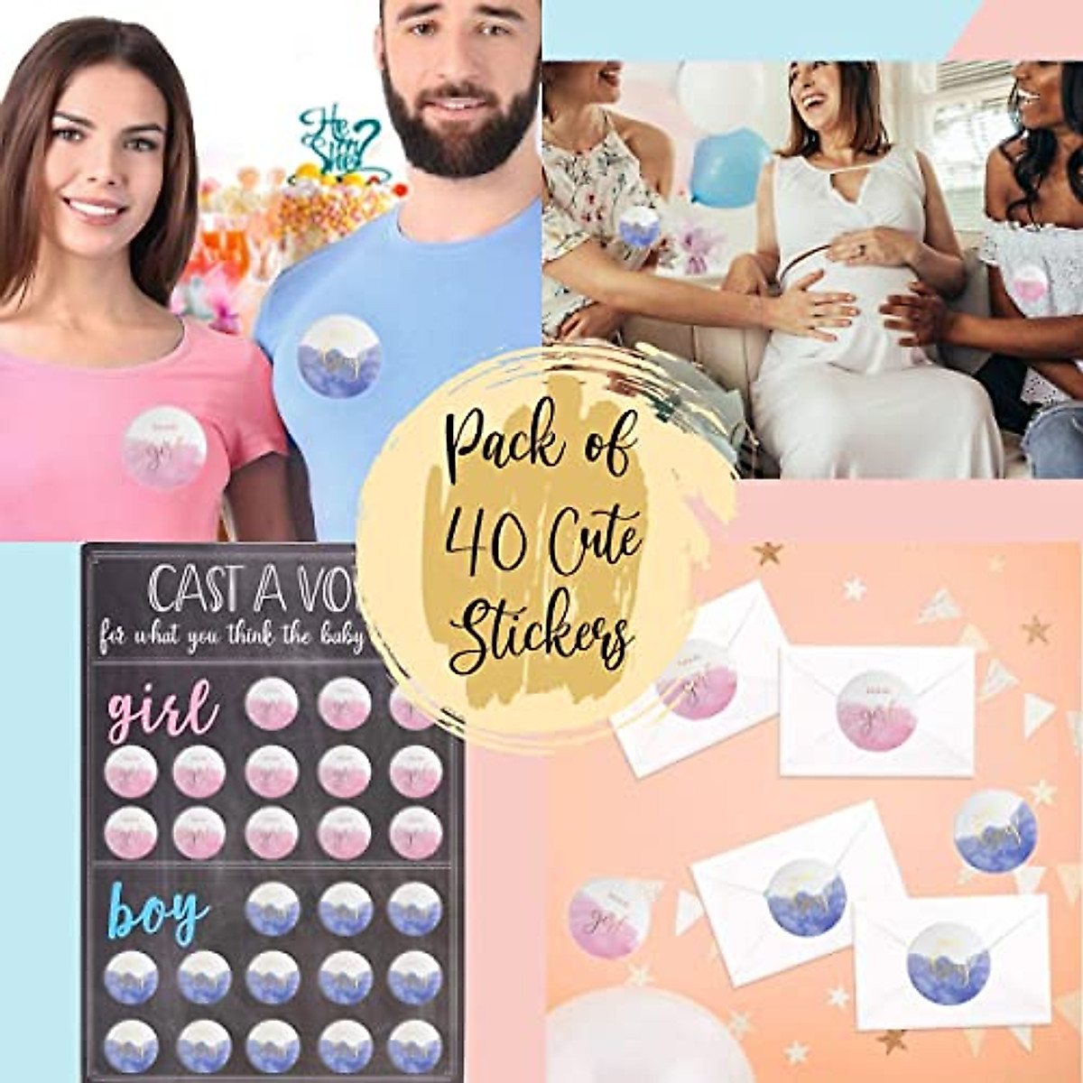 Gender Reveal Confetti Cannon - 2 Blue/Gold 2 Pink/Gold Poppers - Gender Reveal Party Supplies - Confetti Sticks - Gender Reveal Stickers 40 pcs (20 Girl 20 Boy)