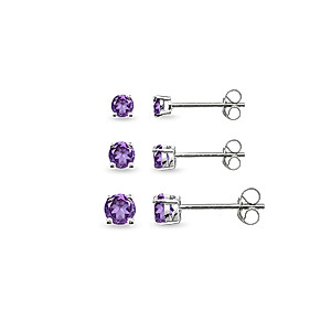 3-Pair Set Sterling Silver African Amethyst Round Stud Earrings, 3mm 4mm 5mm