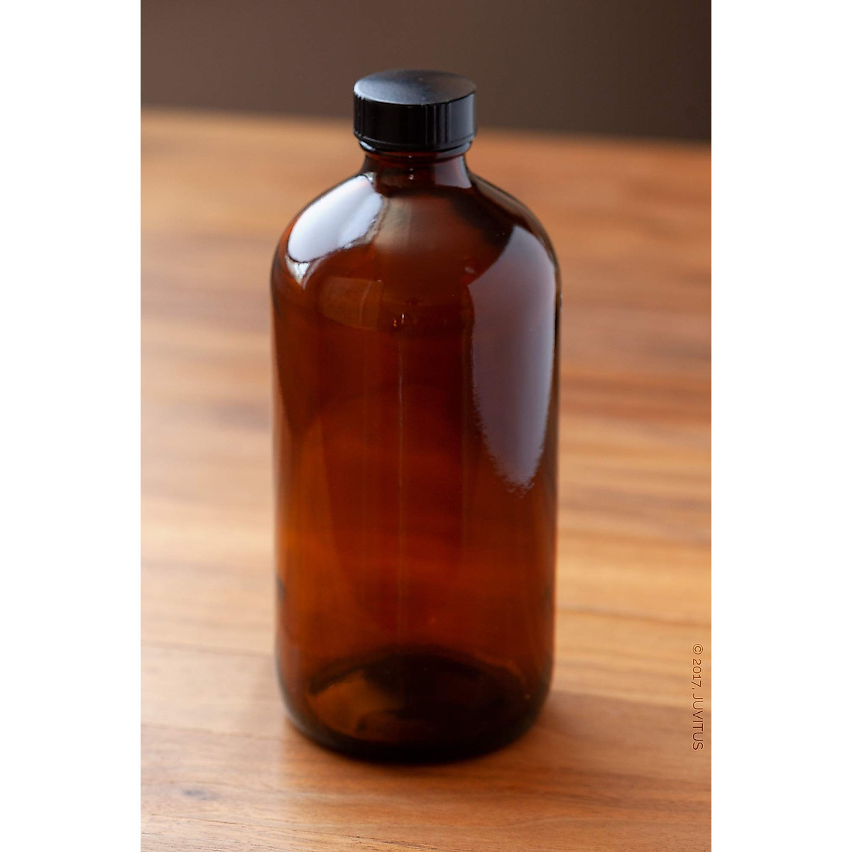 JUVITUS 16 oz Amber Glass Boston Round Bottle with Airtight Black Phenolic Cap (4 Pack)