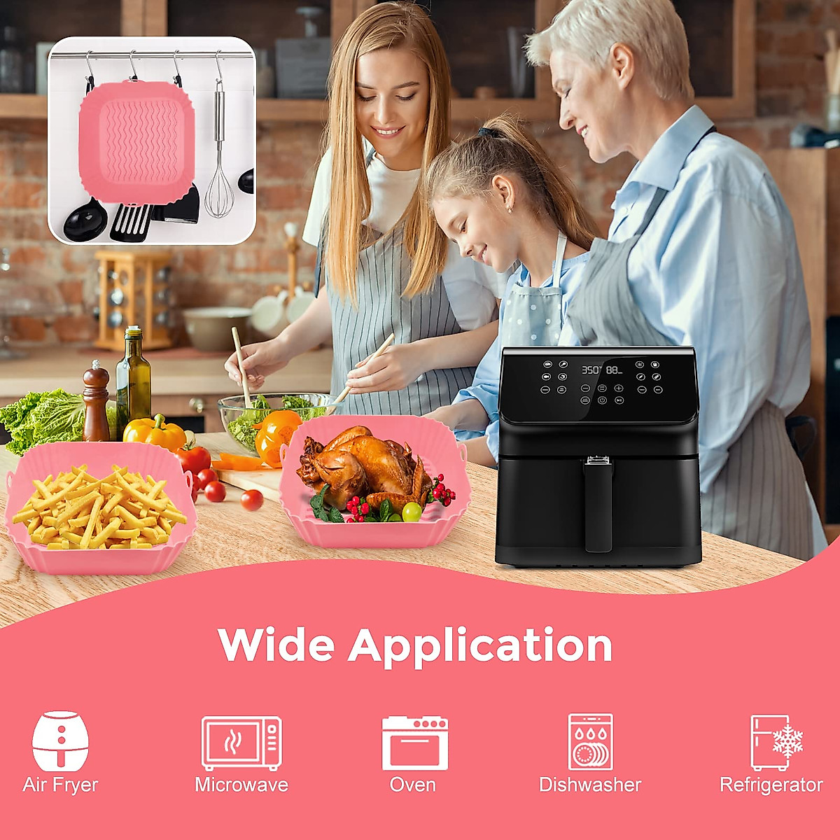 Square Air Fryer Silicone Pot, 8 Inch Reusable Heat Resistant Food Grade Silicone Air fryer Liners Inserts Baskets Bowl Accessories for COSORI Instant Vortex CHEFMAN 4 to 7 QT Air Fryer Oven Microwave