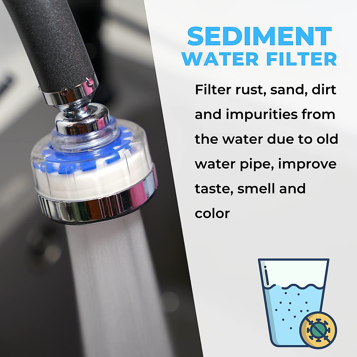 Skylarlife Sink Pure Water Faucet Mount Filters Remove Rust Dirt and Impurities Stainless Steel 360 Degree Rotatable Anti-Splash High Pressure Faucet with 6 Filters