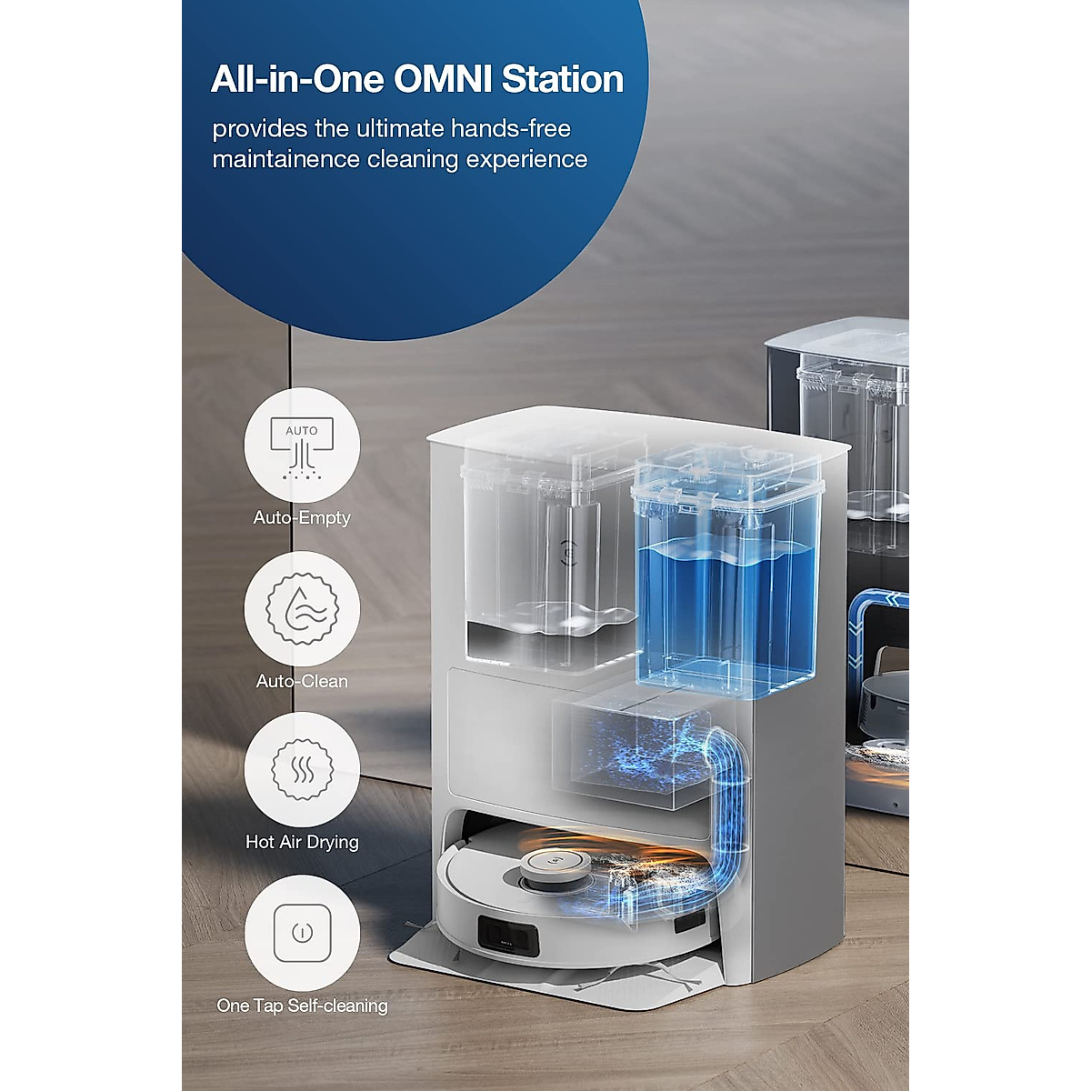 ECOVACS DEEBOT T10 OMNI Robot Vacuum and Mop Combo, Auto Self-Emptying, Auto Mop Cleaning, Hot Air Drying, 5000Pa Suction, OZMO TURBO Deep Mopping with Precision Mapping and Obstacle Avoidance, White