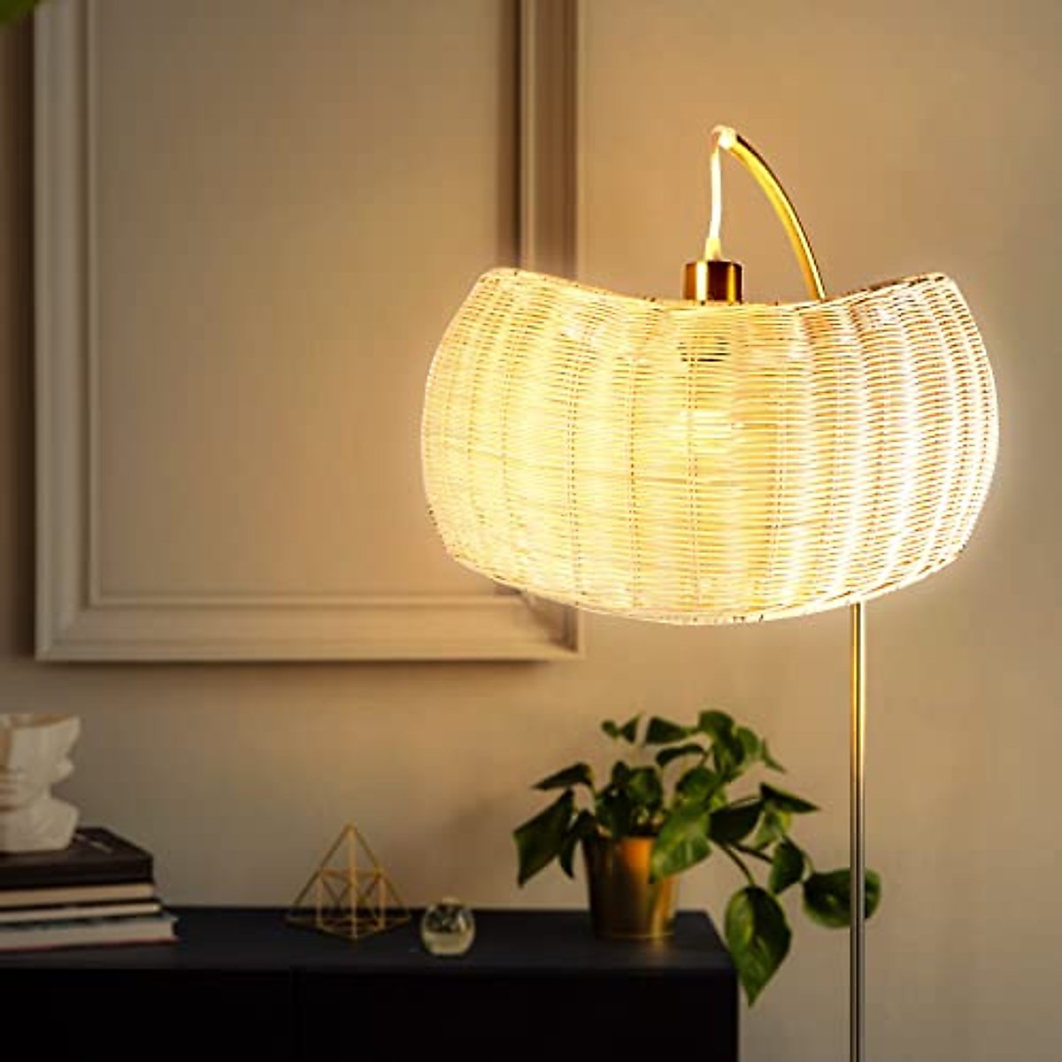 Brightech Wave Arched Floor Lamp – Unique Hanging Wicker Shade for Living Rooms – Rattan Style Matches Boho and Other Décor – Arcs Over Sofas and Dining Tables for Compliments - Brass