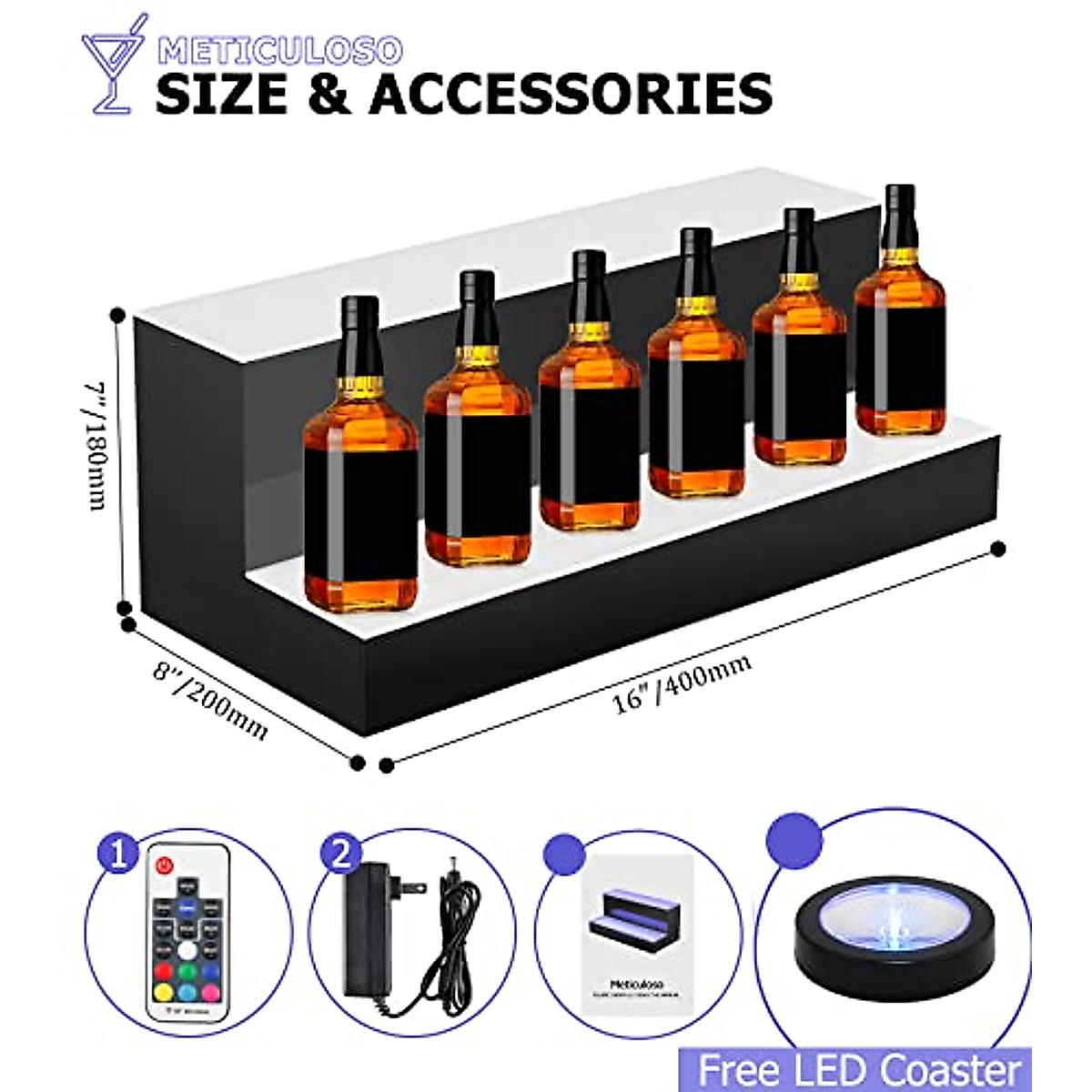 LED Lighted Liquor Bottle Display Shelf 24 inch 2 Step with LED Coaster for Home Commercial Bar, Acrylic Illuminated Bar Shelf with Remote,20 Static Colors, 22 Dynamic Modes (2 Step 24 inch)