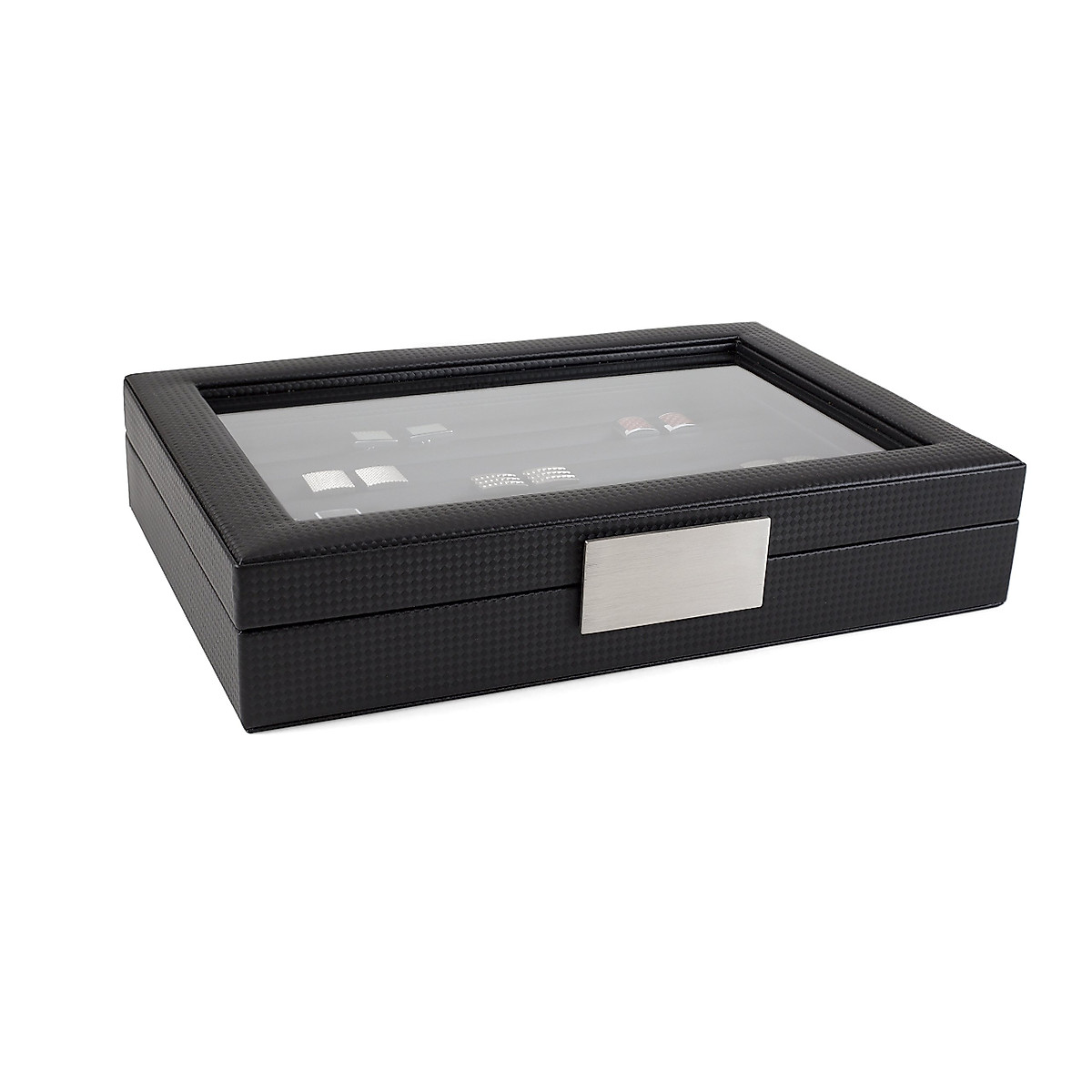 Glenor Co Cufflink Box for Men - Holds 70 Cufflinks - Luxury Display Jewelry Case -Carbon Fiber Design - Metal Buckle Holder, Large Glass Top - Black