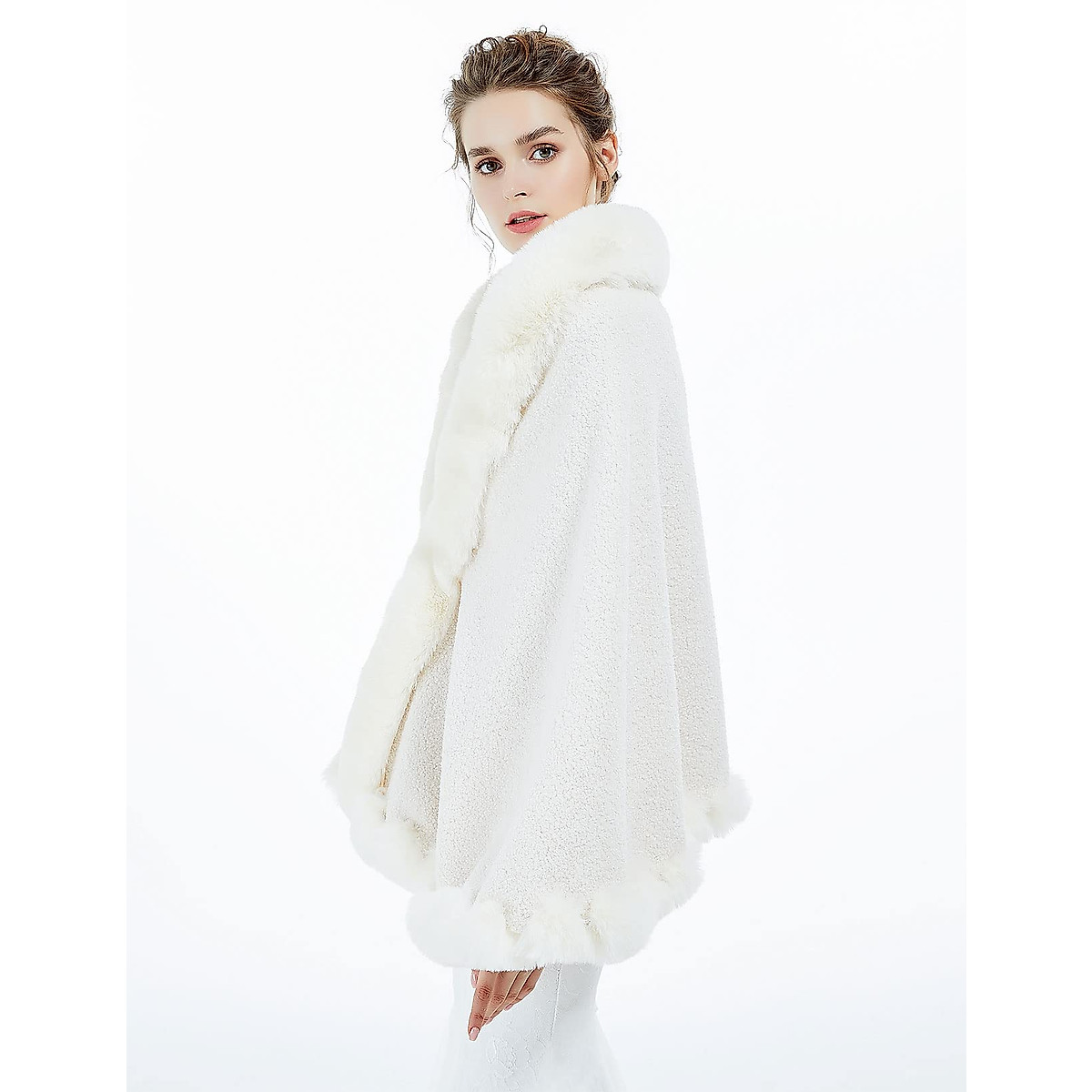 Faux Fur Shawl Wrap Bridal Cape Bridesmaids Stole Lambs Wool Shrug Winter Wedding with Fur Trim Ivory