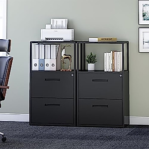 BYNSOE 2 Drawer Lateral File Cabinet with Shelving Metal Filing Cabinet with Lock Office Home File Cabinet for A4 Legal/Letter,Assembly Required (Black, 2 Drawers with Shelving)