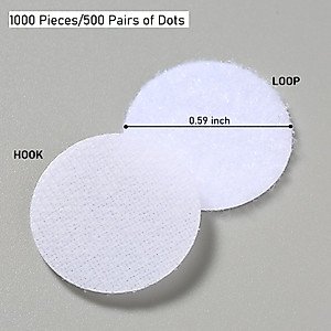 Vabba 1000 Pcs (500 Pairs) 0.59inch Diameter Hook and Loop Fastener Self Adhesive Round Circle Sticky Sticker Dots for Arts and Crafts School Classroom Home and Office Use, White