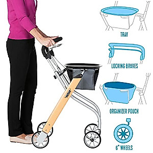 Stander Let’s Go Indoor Rollator, Lightweight Four Wheel Euro Style Walker with Tray, Folding Mobility Aid for Seniors by Trust Care, Beech