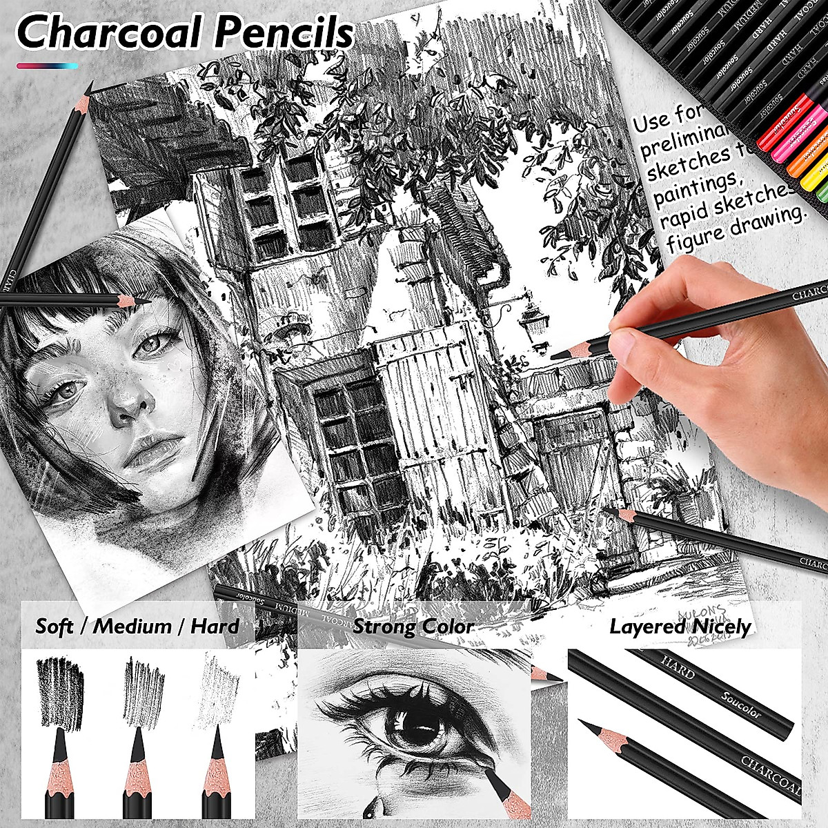 Soucolor 73 Art Supplies for Adults Teens Kids Beginners, Art Kit Drawing Supplies Sketching Set, Drawing Pencils Set Zipper Gift Case: Sketch Book, Coloring Book, Metallic Charcoal Pencils Stuff