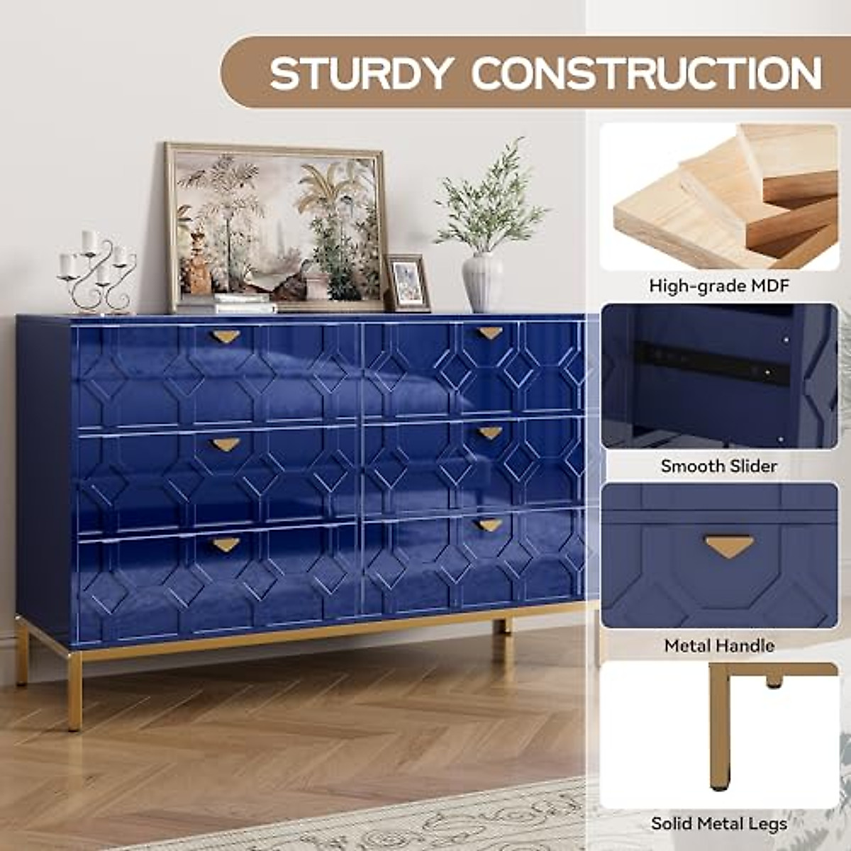 Clihome 6 Drawer Double Dresser, Sideboard with 6 Drawers Modern Chest of Drawers Wood Dresser for Living Room, Home Office, Entryway, Blue
