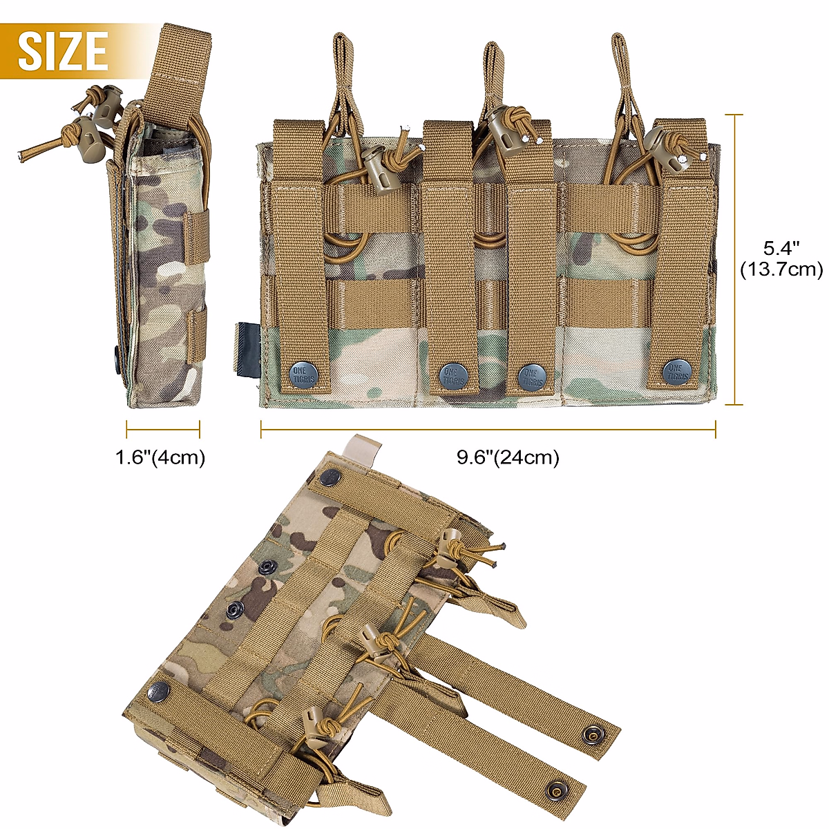 OneTigris Tactical Molle Mag Pouch,Open Top Triple Magazine Pouch for 5.56mm M4 M16 AK AR Glock M1911 9mm with Quick Release Kydex Insert and MOLLE Compatible（Camouflage）