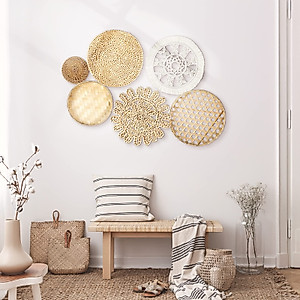 6 Pcs Rustic Hanging Boho Flat Woven Farmhouse Rattan Wall Decor Wall Basket for Living Room Bedroom Decoration