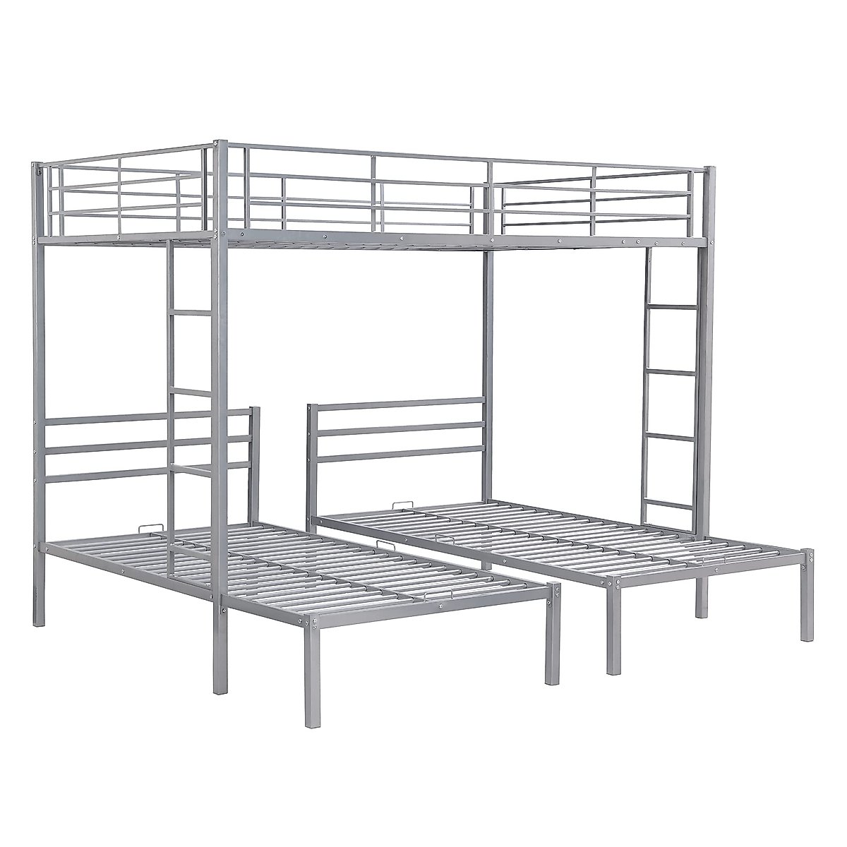 Oudiec Triple Bunk Bed,Full Over Twin&Twin Size Bunk Bed with Built-in Shelf&Ladders,L-Shaped Bunk Bed with Full-Length Guardrails, Space-Saving, Noise-Free, Silver