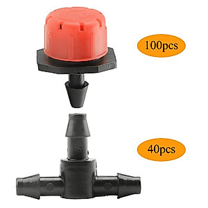 XINGYHENG 100pcs 8 Holes Button Drop Adjustable Flow Dripper with 40PCS Tee Connector Spray Dripped Integral Emitter Nozzle Sprinkler Irrigation System for Flower Garden