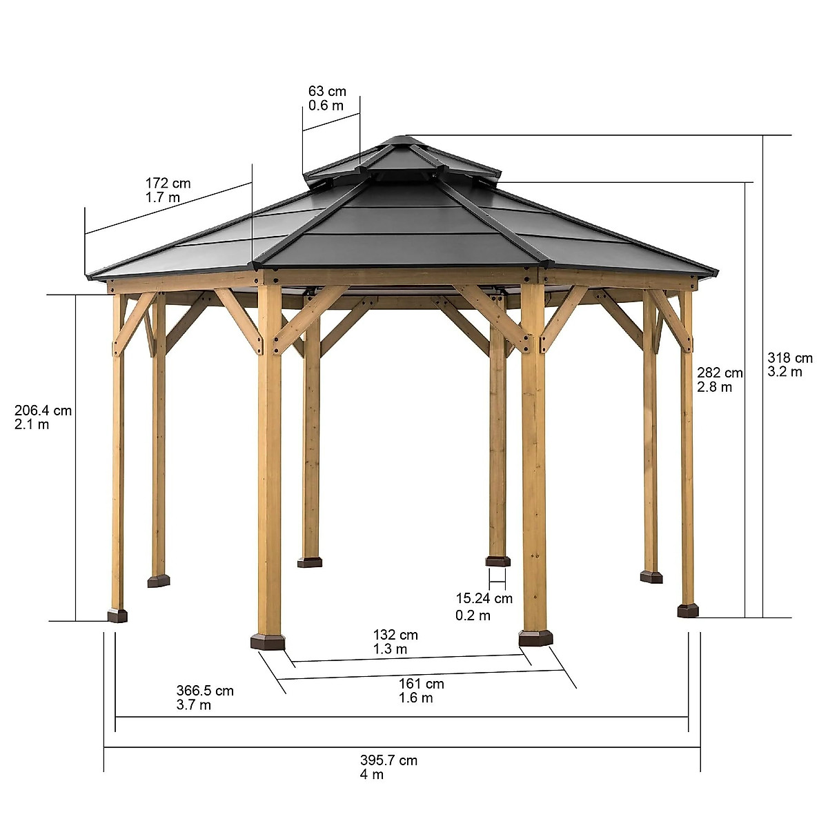 Sunjoy Ion Collection 13 x 13 ft. Cedar Framed Octagon Wood Gazebo with Brown Double Tiered Steel Hardtop Roof and Ceiling Hook for Garden, Backyard Shade