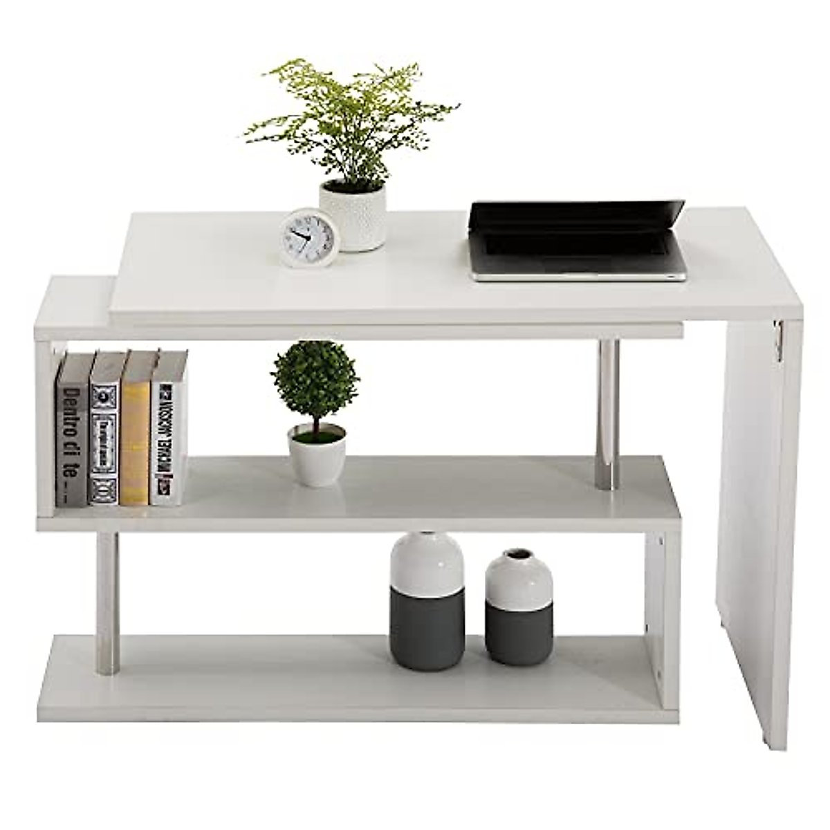 MJWDP L-Shaped Corner Computer Desk PC Laptop Table Study Workstation with 2-Tier 360 Degree Rotatable Storage Shelf White